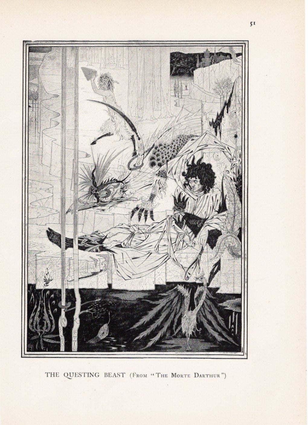 Aubrey Beardsley, "King Arthur and the Growling Beast" from Le Morte d